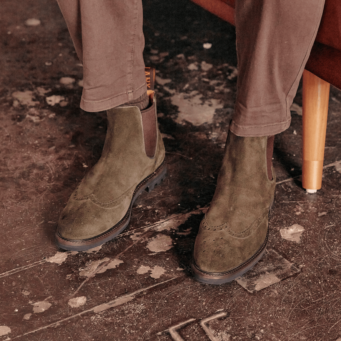 Men's - Green - Khaki - Suede - Chelsea Brogue Boots – LANX